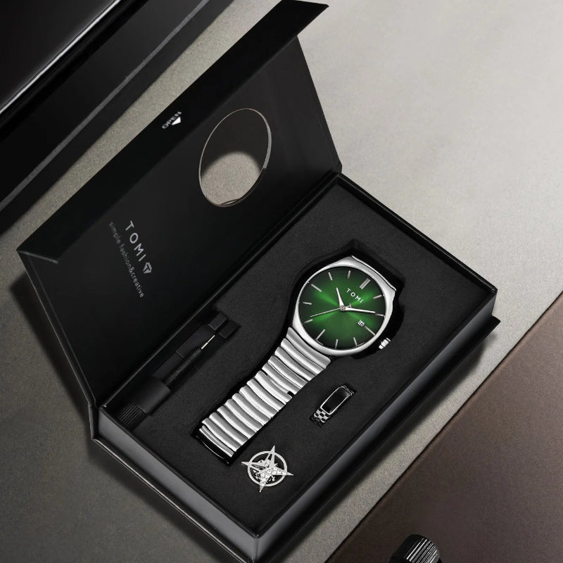 TOMI T-307 Green Silver New Men's Luxury Business Watch Gift Box Set ...